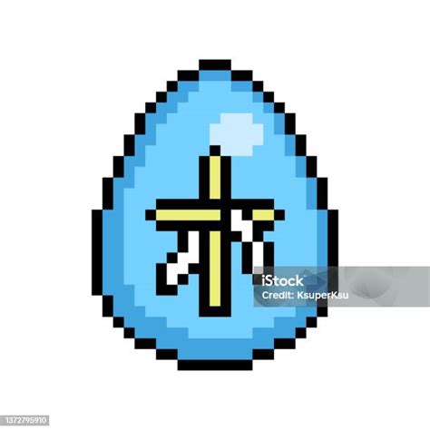 부활절 달걀은 흰색 배경에 고립 된 8 비트 아이콘 십자가 스티커로 장식 된 파란색을 그렸다 올드 스쿨 빈티지 복고풍 80 년대 90 년대 2d 비디오 게임 슬롯 머신