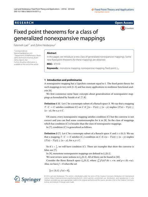 Pdf Fixed Point Theorems For A Class Of Generalized Nonexpansive Mappings