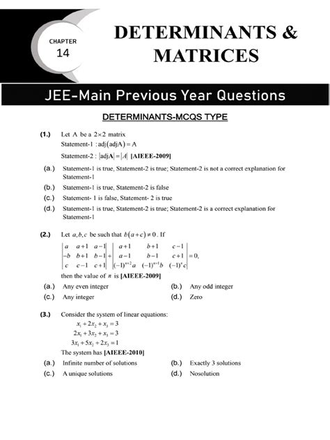 Jee Pyq Determinant And Matrices Sample 6306599925 Pdf