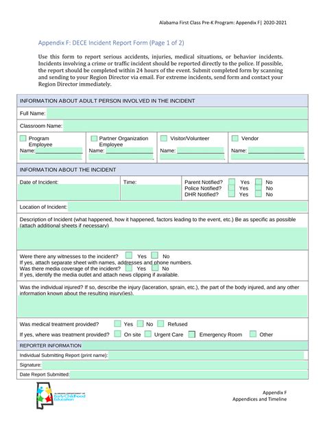 Alabama First Class Pre K Program Appendix F Dece Incident Report Form