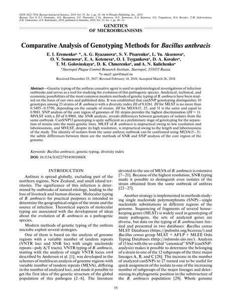 Pdf Comparative Analysis Of Genotyping Methods For Bacillus Anthracis
