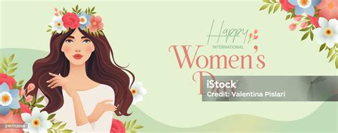봄 꽃 화환을 입고 아름 다운 여자와 함께 해피 여성의 날 배너 3 월 8 일 예쁜 소녀와 글자가 있는 벡터 배너 템플릿입니다 소셜 미디어 배너 헤더 인쇄 프로모션 웹에