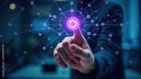 A Person In A Suit Interacts With A Digital Interface Pressing A Glowing Icon Symbolizing