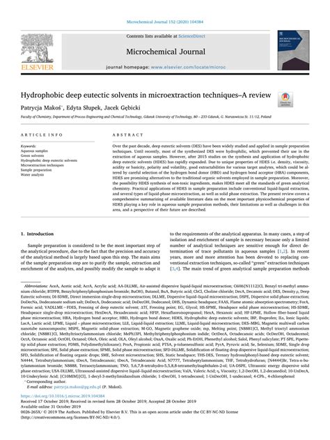 Pdf Hydrophobic Deep Eutectic Solvents In Microextraction Techniquesa Review