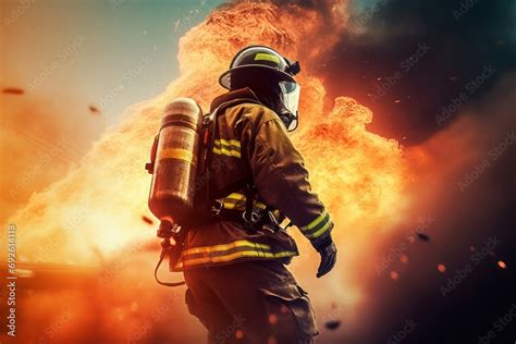 Dynamic Image Firefighter Action In Fire Flames Fireman Intervention