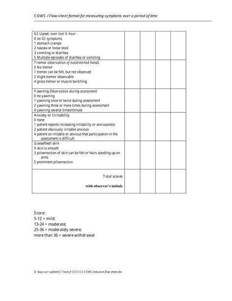 Clinical Opiate Withdrawal Scale Cows Flow Sheet Download Printable Pdf Templateroller