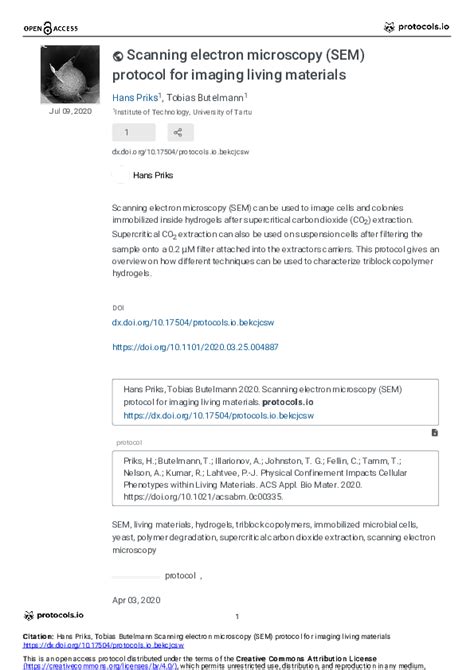 Pdf Scanning Electron Microscopy Sem Protocol For Imaging Living Materials V1