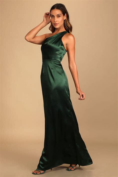 On The Guest List Emerald Green Satin One Shoulder Maxi Dress Glam