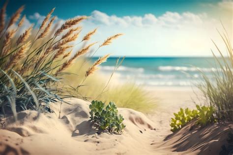 Premium Ai Image A Beach Scene With Grass And Plants In The Foreground