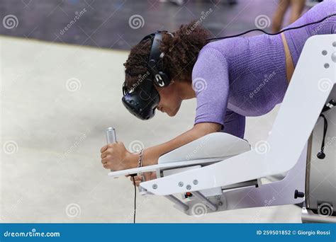 Girl With Virtual Reality Visor Facing Immersive Experience With