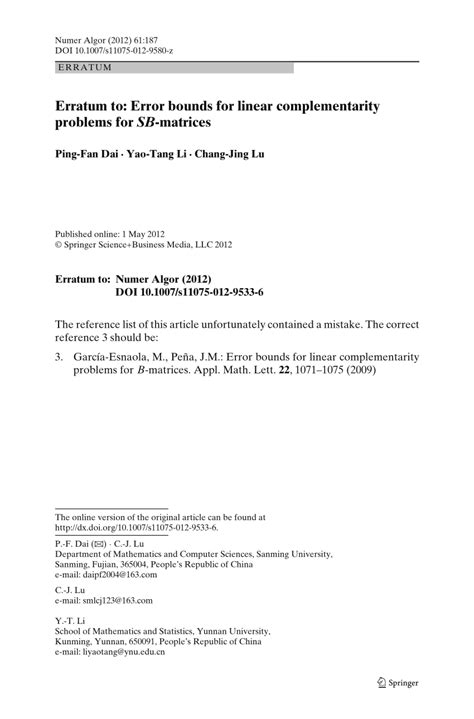 PDF Erratum To Error Bounds For Linear Complementarity Problems For SB Matrices