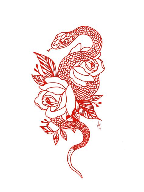 A Drawing Of A Snake With Roses On It