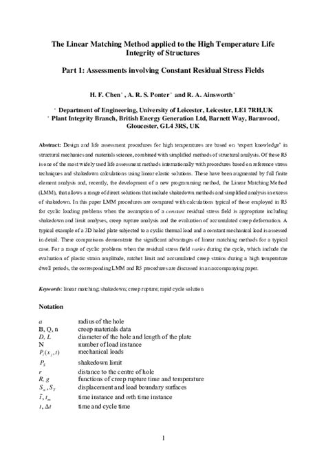 Pdf The Linear Matching Method Applied To The High Temperature Life Integrity Of Structures