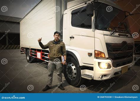 Asian Truck Driver Standing With Cargo Trucks Shipping Container
