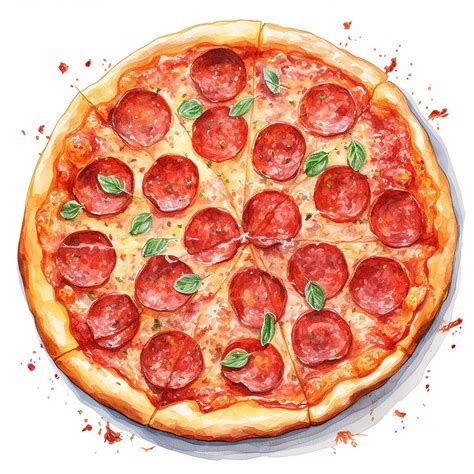 흰색 배경으로 수채화 그림 피자 페퍼로니 벡터 프리미엄 벡터