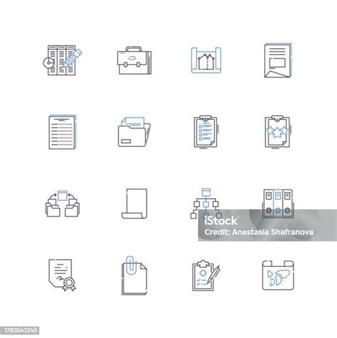 인벤토리 및 포트폴리오 라인 아이콘 모음입니다 컬렉션 비축 소장품 레퍼토리 구색 카탈로그 무기고 벡터 및 선형 그림 범위 창고 창고 개요 표지판 세트 아이콘에 대한 스톡