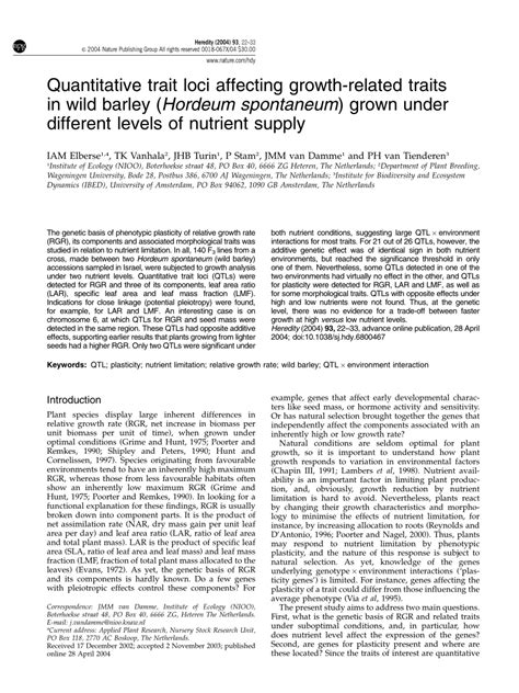 Pdf Quantitative Trait Loci Affecting Growth Related Traits In Wild Barley Hordeum Spontaneum
