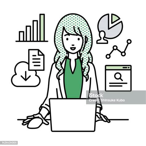 웹 사이트 검색 클라우드에서 파일 공유 분석 및 책상에서 보고서를 만들기 위해 랩톱 컴퓨터를 사용하여 작업 재킷 스타일의 여성 검색에 대한 스톡 벡터 아트 및 기타 이미지