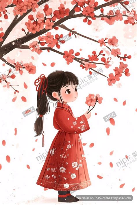 Ai创作图卡通红色汉服女孩 卡通桃花女孩 桃夭插画 古风小孩放鞭炮 招桃花插画 迎春的小女孩 汉服女孩插画 古风汉服q版女孩过年 卡通女孩樱桃樱花元素 立春节气女孩插画 古风儿插 赏花的姑娘
