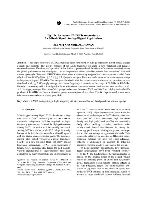 Pdf High Performance Cmos Transconductor For Mixed Signal Analog