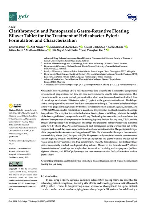 Pdf Clarithromycin And Pantoprazole Gastro Retentive Floating Bilayer Tablet For The Treatment