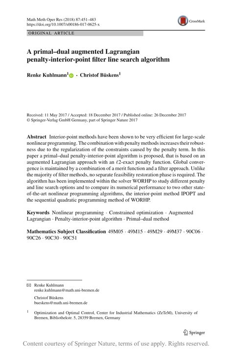 A Primaldual Augmented Lagrangian Penalty Interior Point Filter Line Search Algorithm Request Pdf