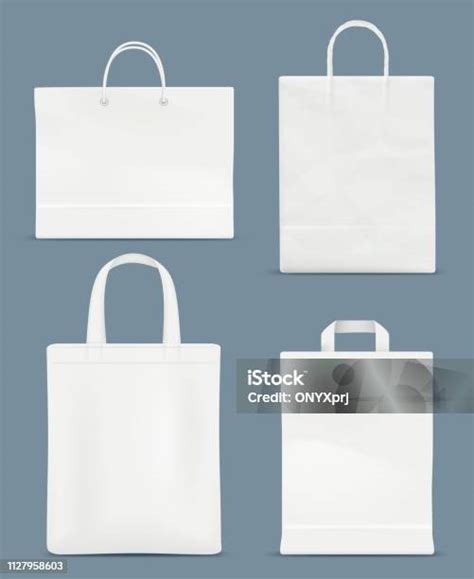 쇼핑백 이랑입니다 종이 핸들 플라스틱 종이 가방 벡터 현실적인 빈 서식 파일 격리 직물에 대한 스톡 벡터 아트 및 기타 이미지 직물 패턴 형판 Istock