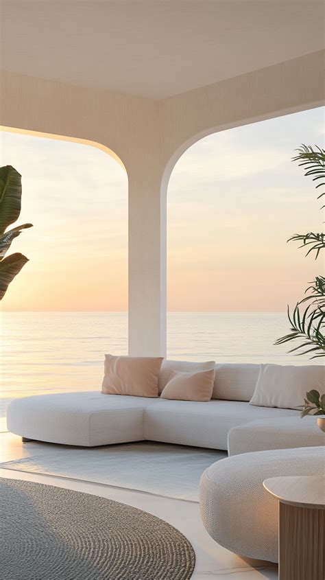 Современная минималистская гостиная с панорамными окнами и пляжем в 2025 г Греческий дом