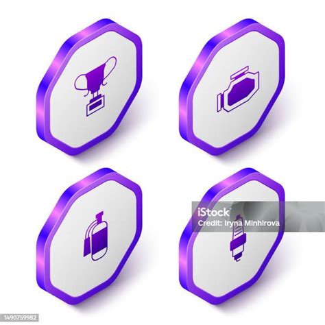 아이소메트릭 어워드 컵 엔진 점검 소화기 및 자동차 점화 플러그 아이콘을 설정합니다 보라색 육각형 버튼 벡터 1위에 대한 스톡 벡터 아트 및 기타 이미지 Istock