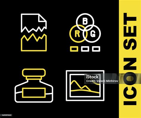 선 Rgb 색상 혼합 그림 풍경 잉크병 및 찢어진 문서 아이콘을 설정합니다 벡터 Cmyk에 대한 스톡 벡터 아트 및 기타 이미지 Cmyk 개념 골동품 Istock