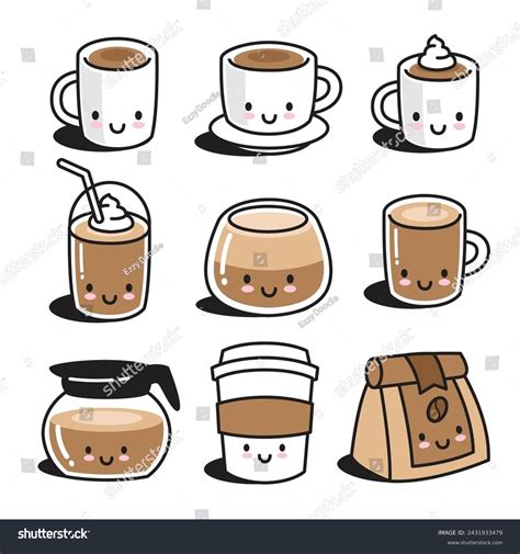Cute Coffee Cup Set Collection Kawaii Stock Vector Royalty Free 2431933479 Shutterstock