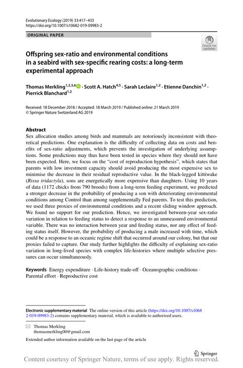 Offspring Sex Ratio And Environmental Conditions In A Seabird With Sex