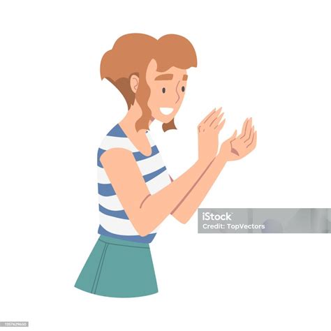 흥분 한 여자 캐릭터 보고 누군가 박수 그의 손 시연 관심 벡터 일러스트 긍정적인 감정 표현에 대한 스톡 벡터 아트 및 기타 이미지 긍정적인 감정 표현 만짐 말하기