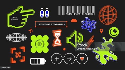 Y2k 레트로 스타일의 스티커 세트 미래 지향적인 3d 요소 포스터를 위한 대담하고 현대적인 모양 네온 픽셀 아트 기하학적 추상적 인 간단한 표지판입니다 멋지고 순진한