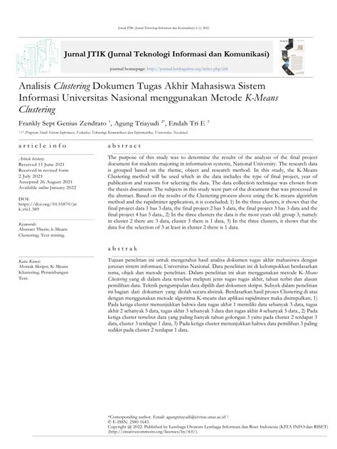 PDF Analisis Clustering Dokumen Tugas Akhir Mahasiswa Sistem Informasi Universitas Nasional