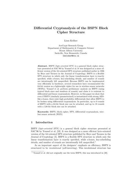 Pdf Differential Cryptanalysis Of The Bspn Block Cipher ¬€erential Cryptanalysis Of The Bspn