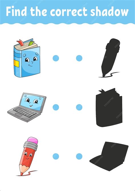 올바른 그림자 찾기 교육 개발 워크시트 아이들을 위한 매칭 게임 컬러 활동 페이지 아이들을 위한 퍼즐 귀여운 캐릭터 벡터 그림 프리미엄 벡터