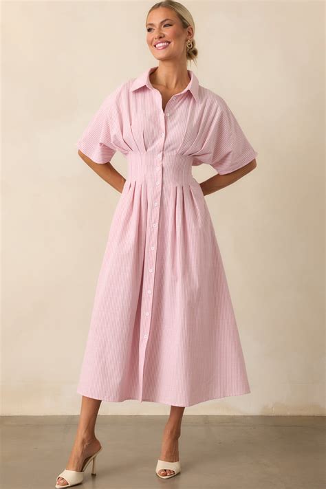 Pink Stripe Cotton Pleated Shirt Dress Midi Dresses Red Dress
