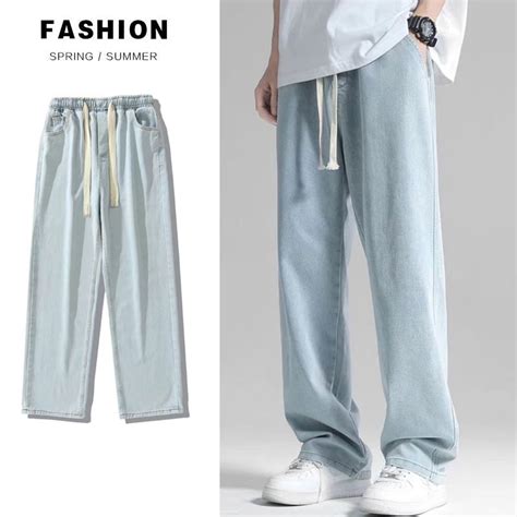 กางเกงยีนส์ยาวชาย ทรงกระบอกเอวสูง ใส่สบาย เอวยางยืด ปรับเอวด้วยเชือก เท่ๆเข้ากับทุกแนว 5สี ฟ้า