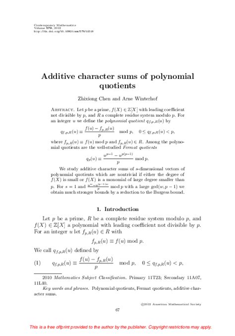 Pdf Additive Character Sums Of Polynomial Quotients