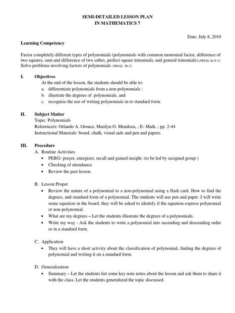 Lesson Plan Math 7 Polynomials Pdf Polynomial Factorization