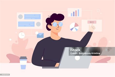 작업 에서 콘텐츠 관리자 손으로 그린 그림 멀티 태스킹 기술 개념 Smm 전략 프로세스 만화 캐릭터를 담당하는 남자 프리랜서