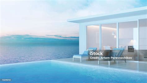 수영장이 있는 빌라의 내부 바다가 내려다 보이는 집 밤 저녁 조명 3d 렌더링 0명에 대한 스톡 사진 및 기타 이미지 0명 3차원 형태 가구 Istock