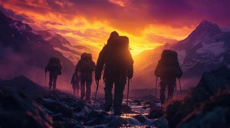 Premium Photo A Group Of Hikers Walk Through A Mountain Pass At Sunset