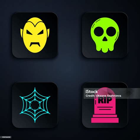 Rip 뱀파이어 거미줄과 두개골로 삭제 돌을 설정합니다 검은 색 사각형 버튼 벡터 가공의 인물에 대한 스톡 벡터 아트 및 기타