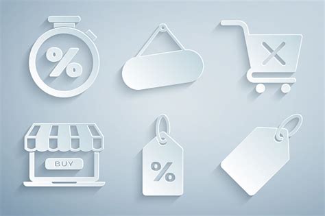 할인 퍼센트 태그 설정 장바구니 제거 온라인 라벨 템플릿 가격 간판 걸이 및 스톱워치 및 아이콘 벡터 3차원 형태에 대한 스톡