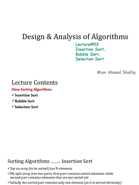 Lecture03 Daa Insertion Sort Bubble Sort Selection Sort Pdf Algorithms Theoretical