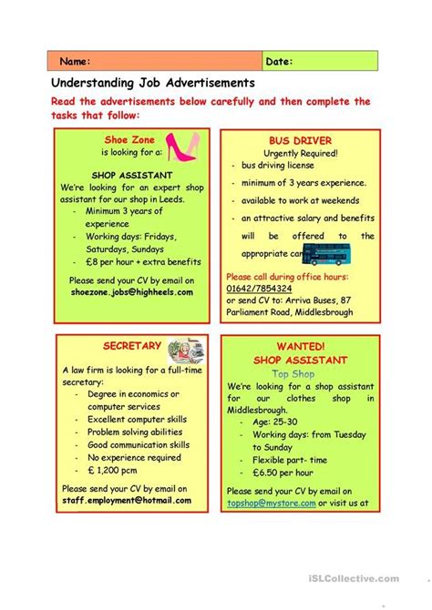 Understanding Job Advertisements English Esl Worksheets For Distance