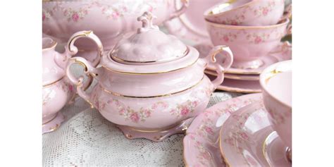 Collectibles Pink Porcelain Tea Service Set With White And Pink Flowers