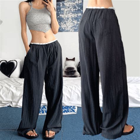 멋쁨4col 하디드 바스락 쿨링 로우 와이드 밴딩 배색 팬츠 나일론팬츠 쿨원단 프릴포인트 포인트룩 바캉스룩 휴양지룩 여행룩 원마일룩